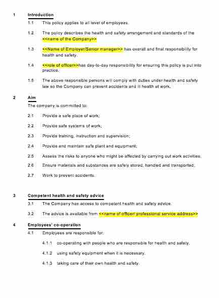 Hotel or Bed & Breakfast - Health and Safety Policy & Procedures